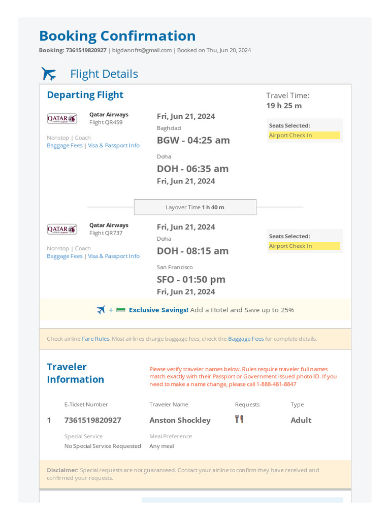 Booking Confirmation: Flight Details | PDF | San Francisco ...