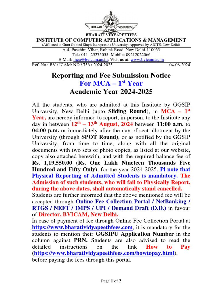 Notice For In-Person Reporting and Fee Submission For MCA-1st Year Students For The Year 2024 ...