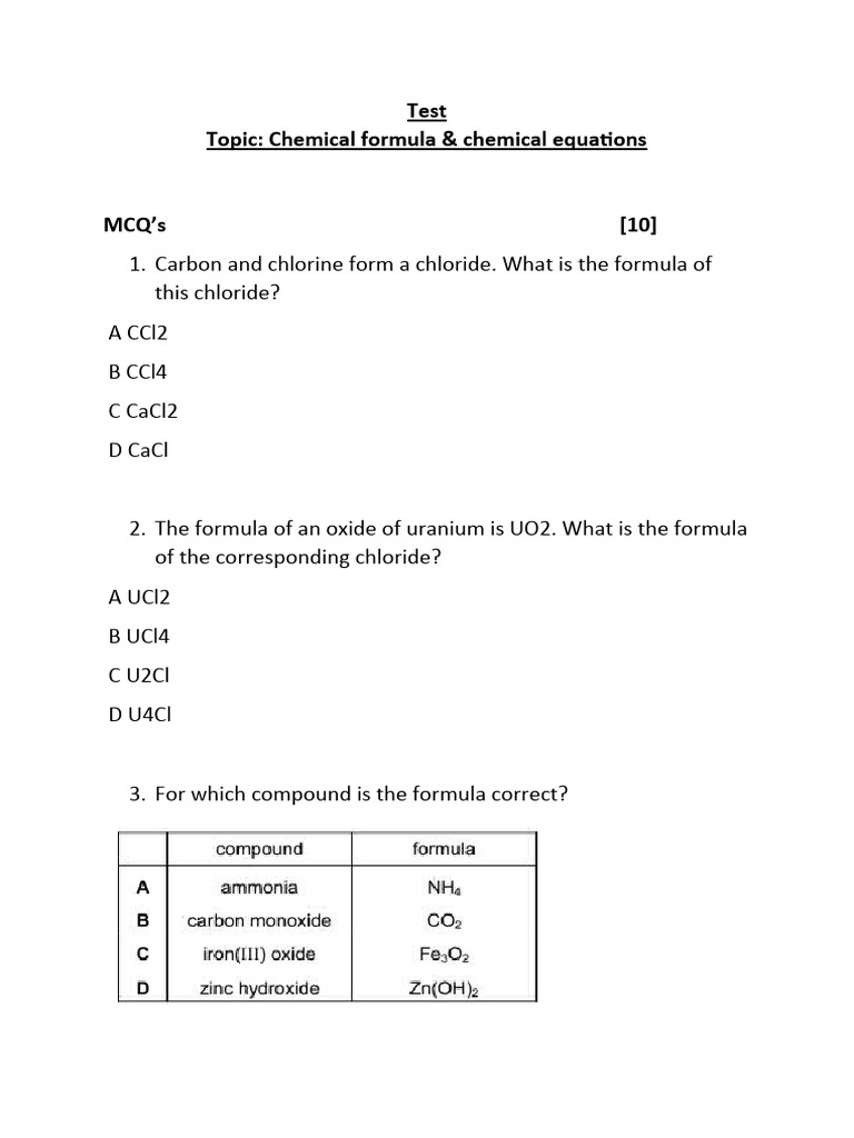 Test Chemical Formula & Chemical Equations | PDF