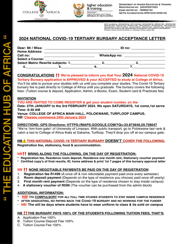 2024 National Covid-19 Tertiary Bursary Acceptance Letter To Study at ...