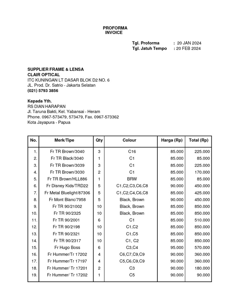 Proforma Invoice Clair Optical | PDF