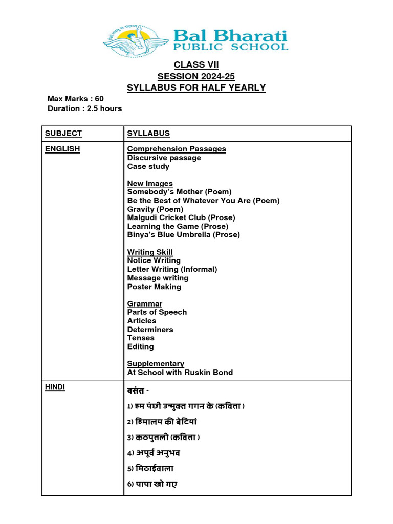 Syllabus Class 7 Hy 2024 25 Edited Pdf Linguistics Languages 