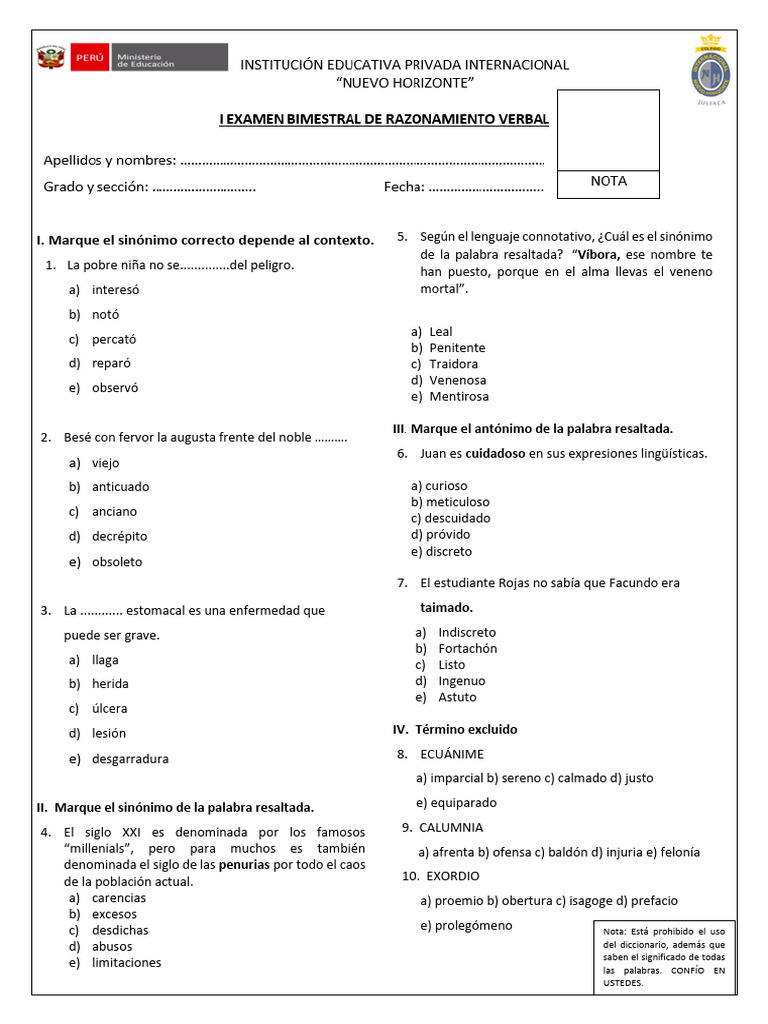 5° - Examen - Razonamiento Verbal | PDF