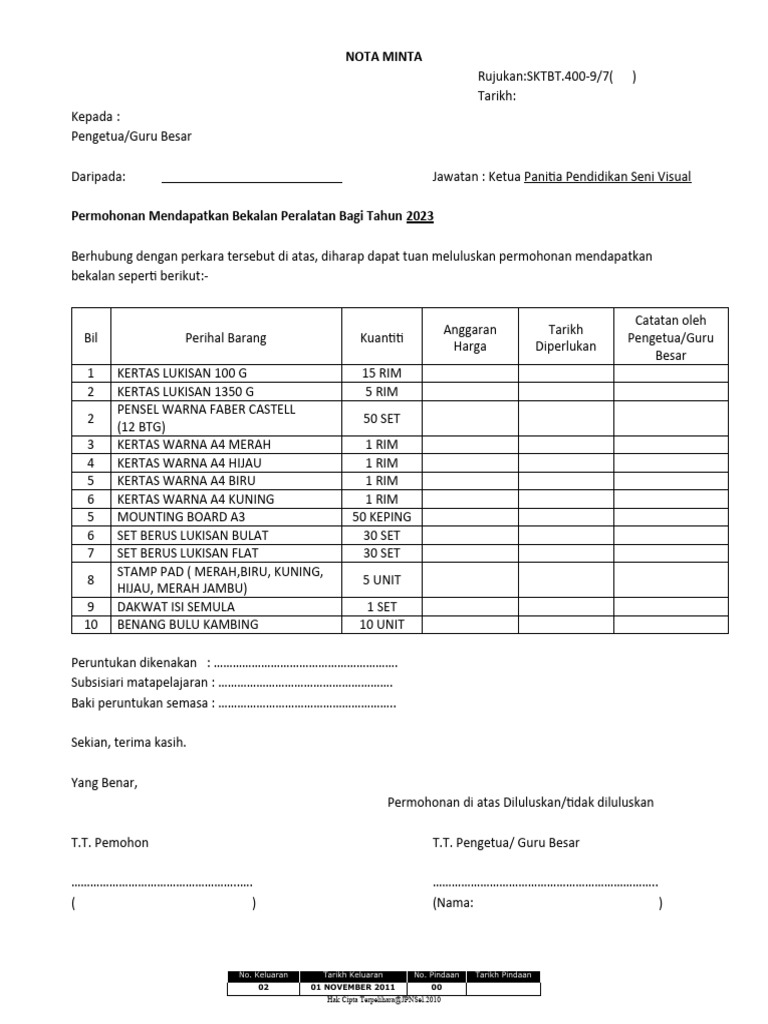 Permohonan Peralatan Seni Visual 2023 | PDF