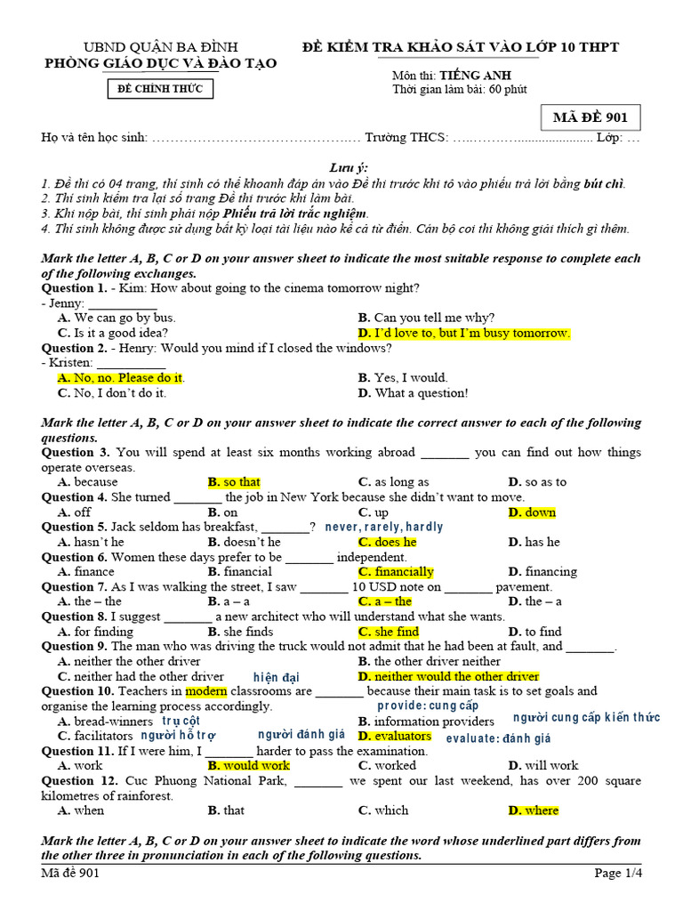 (ĐÁP ÁN CHI TIẾT+TỪ MỚI) (dap-an-de-kscl-mon-anh-lop-9-nam-2023-quan-ba-dinh | PDF | Recall ...