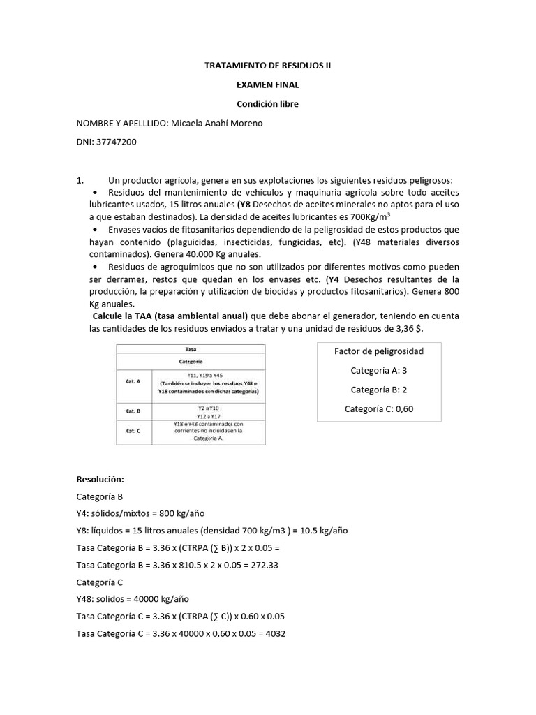 EXAMEN FINAL Libre Micaela Anahi Moreno | PDF | Residuos | Contaminación