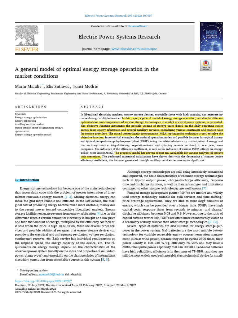 A General Model of Optimal Energy Storage Operation in The Market Conditions | PDF | Energy ...