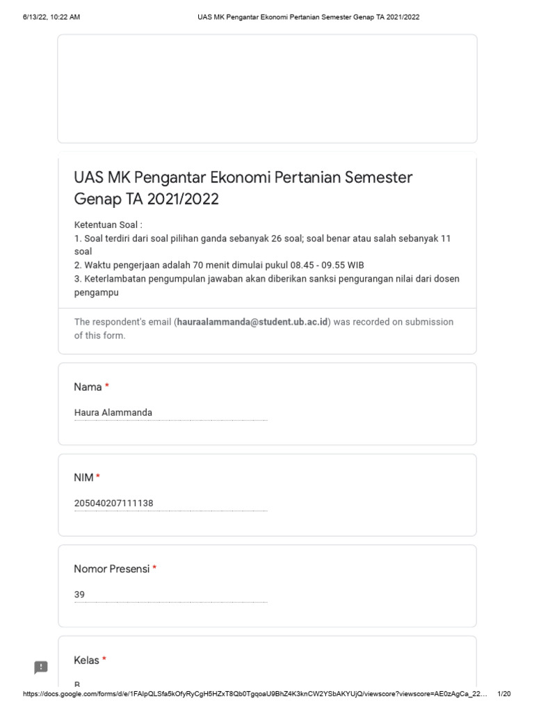 UAS MK Pengantar Ekonomi Pertanian Semester Genap TA 2021 - 2022 | PDF | Bisnis | Pengelolaan ...