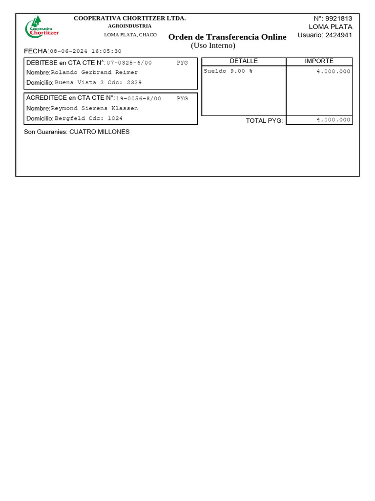 Orden de Transferencia Online: (Uso Interno) | PDF | Negocios | Finanzas y dinero