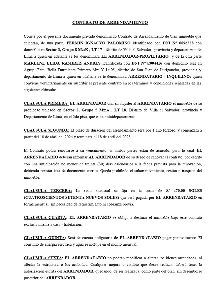 FORMATO -CONTRATO DE ARRENDAMIENTO MINI FERMIN IGNACIO | PDF