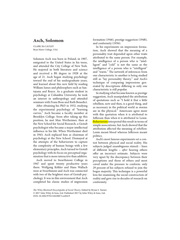 The Wiley-Blackwell Encyclopedia of Social Theory - Asch, Solomon (2017 ...