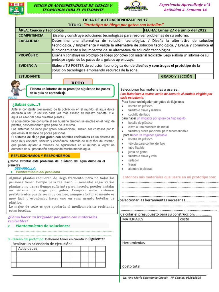 FICHA DE AUTOAPRENDIZAJE - N°17 - Rototio or Goteo Disea 2022 | PDF | Riego | Agua