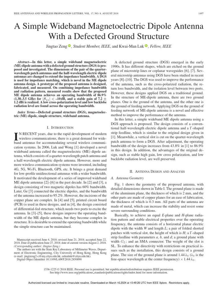 A Simple Wideband Magnetoelectric Dipole Antenna With A Defected Ground ...