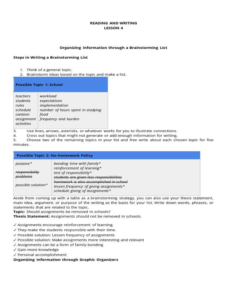 READING AND WRITING Lesson 4 | PDF | Hierarchy | Brainstorming