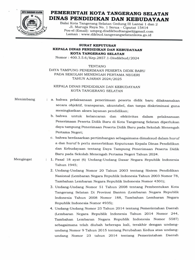 Kuota PPDB Tangsel 2024 | PDF