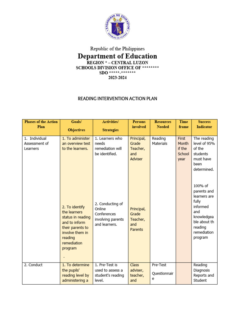 Reading Action Plan Pdf Reading Comprehension Teachers