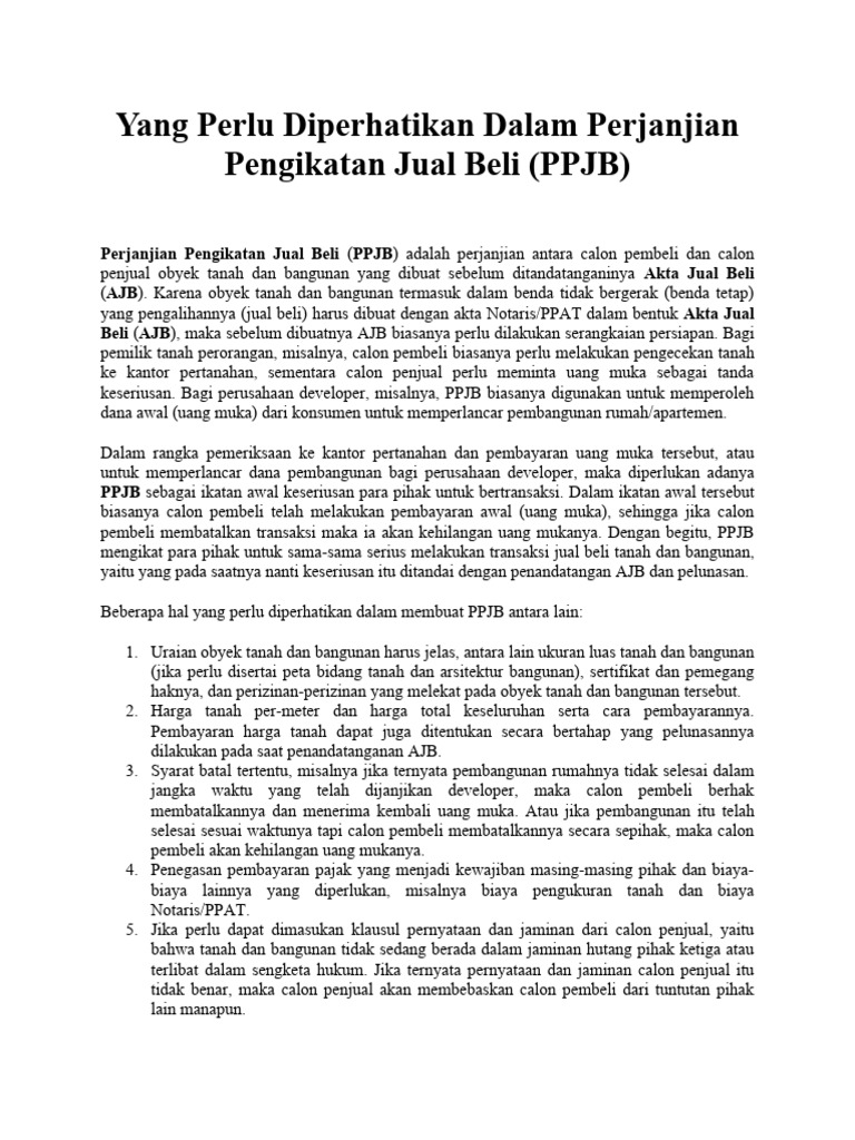 Yang Perlu Diperhatikan Dalam Perjanjian Pengikatan Jual Beli (PPJB) | PDF
