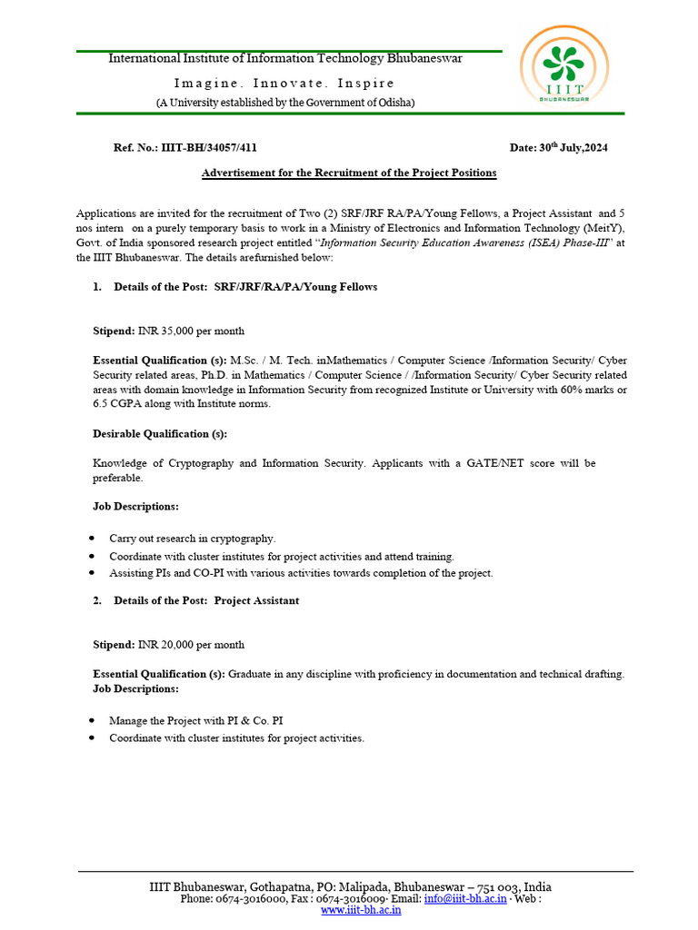Advertisement For Projec T Position For ISEA Project Phase - III | PDF ...