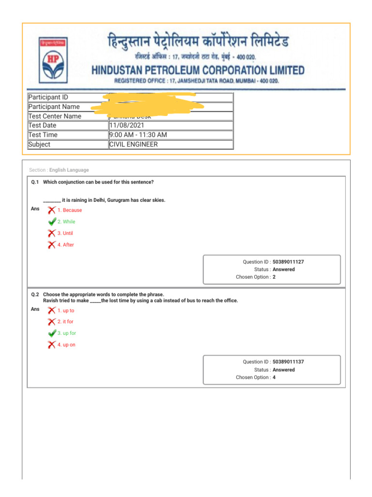 HPCL Engineer Paper 11aug21 Answer Key CJ | PDF