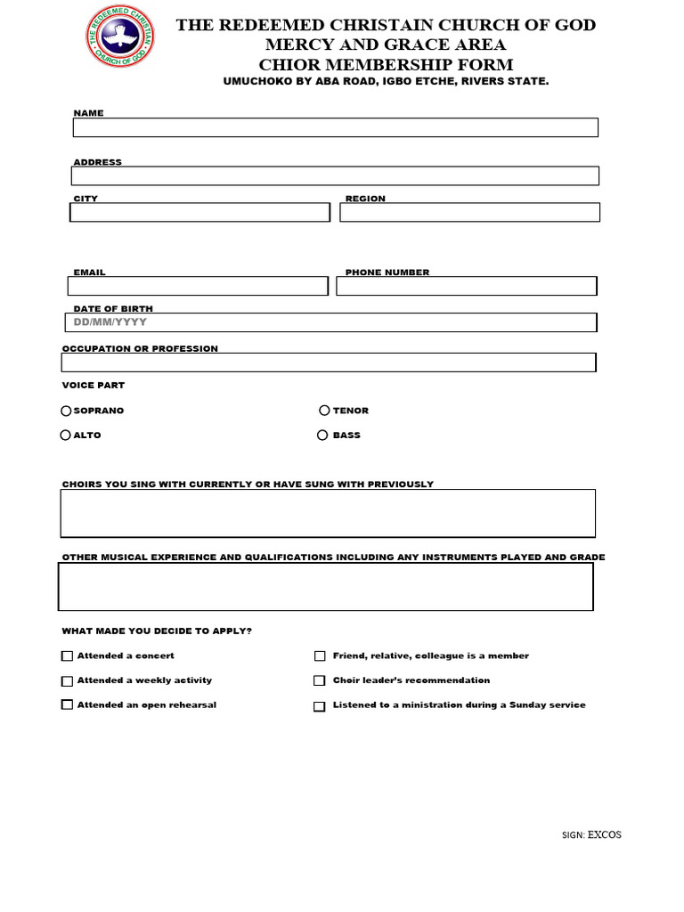 RCCG MERCY & GRACE AREA Choir Membership Form | PDF