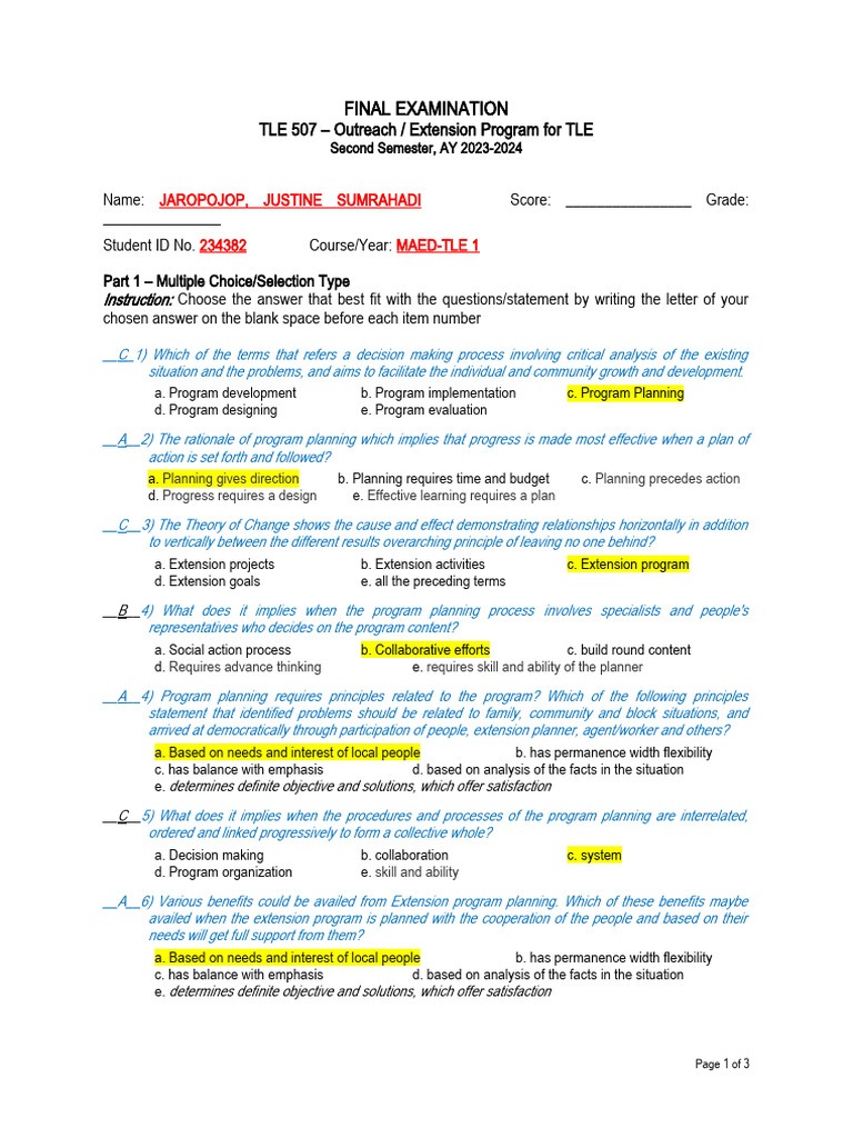 2 TQ Final Exam Part 1 - Tle 507 (Justine Jaropojop) | PDF | Program Evaluation | Evaluation