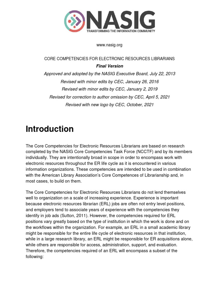 NASIG Core Competencies for Electronic Resources Librarians_Final_Version_2019 | PDF | Metadata ...