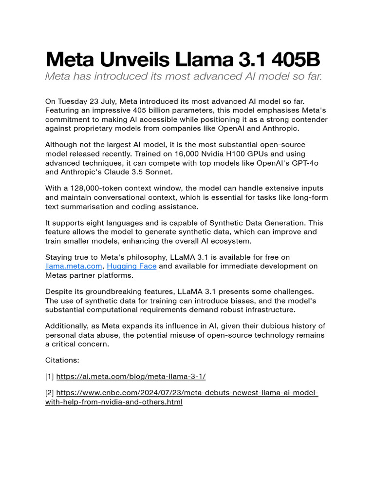 Meta Unveils Llama 3.1 405B | PDF Meta Unveils Llama 3.1 405B | PDF