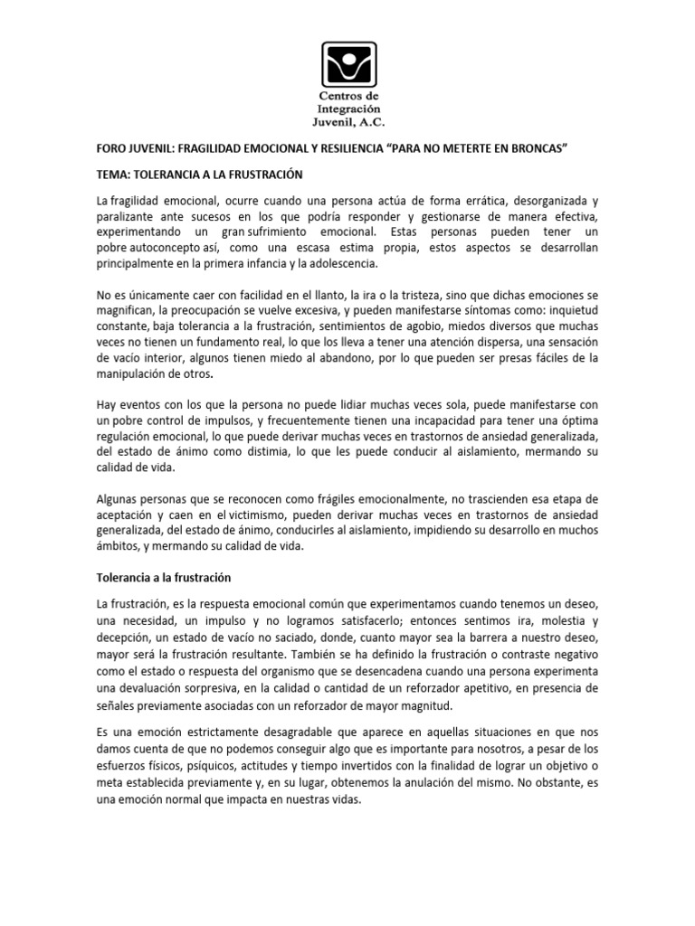 Tolerancia A La Frustración | PDF | Resiliencia psicológica | Las emociones