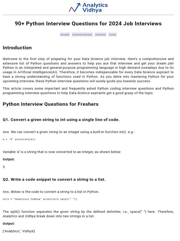 90 Python Interview Questions and Answers (2024 Edition) | PDF | Anonymous Function | Python ...