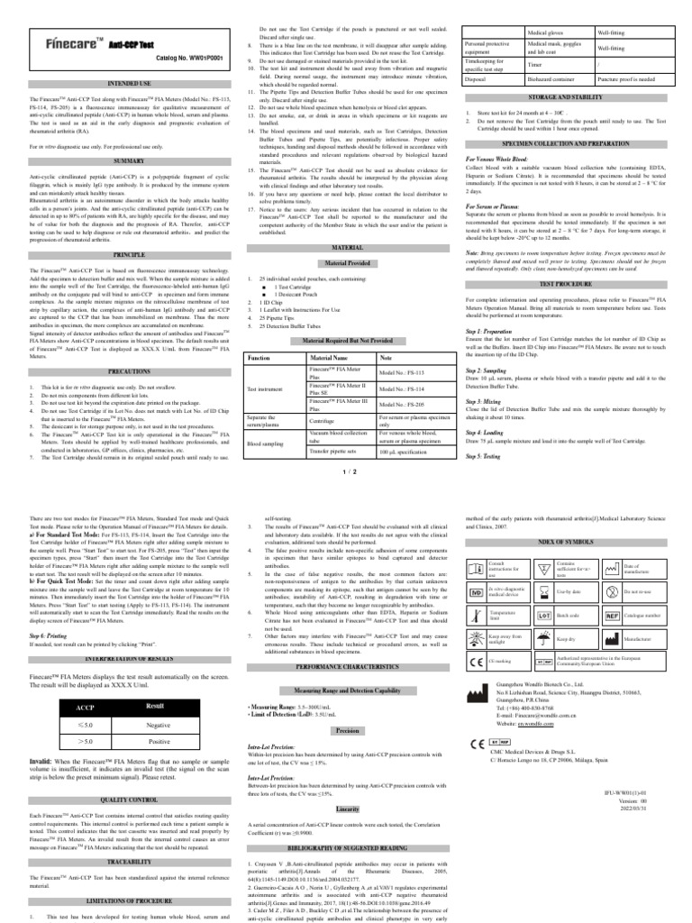 【IFU】Device Instructions for Use of anti CCP IFU-WW01 | PDF | Blood ...
