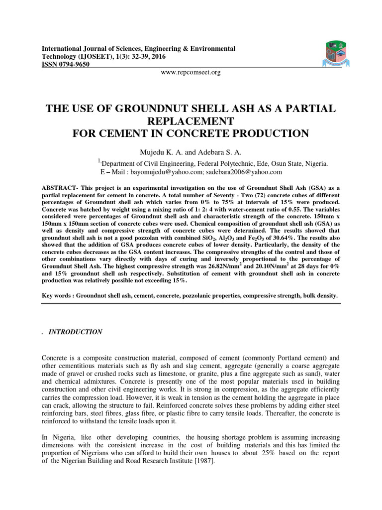 Mujedu K A - THE USE OF GROUNDNUT SHELL ASH | PDF | Concrete | Cement
