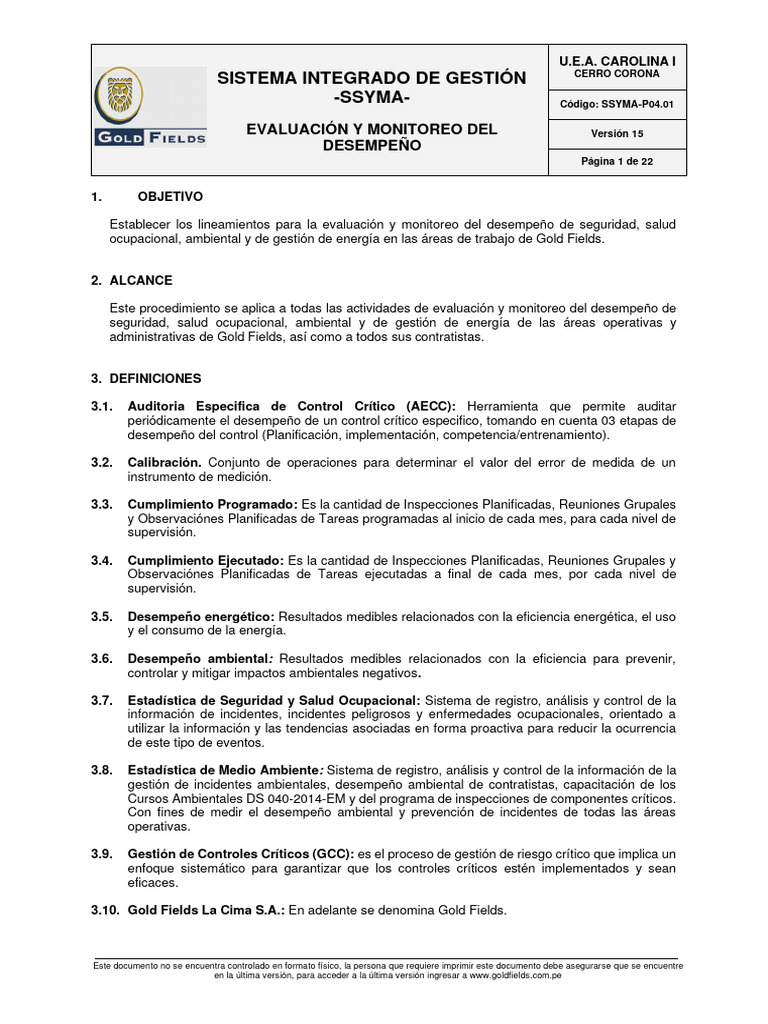 SSYMA P04.01 Evaluacion y Monitoreo Del Desempeno V15 | PDF | Seguridad y salud ocupacional ...
