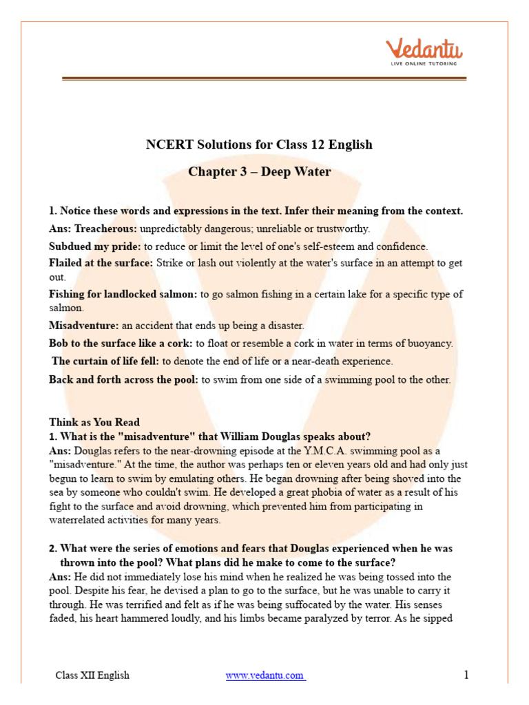NCERT English Class 12 Chapter 3 Deep Water Questions and Answers PDF ...