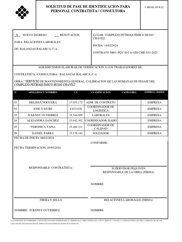 Solicitud de Pases para Contratistas en Complejo Petroquímico | PDF