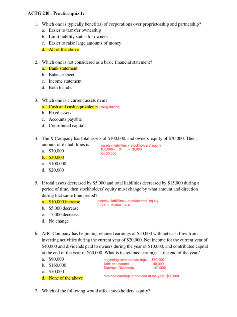 ACTG240 In-Class Practice Quiz 1 | PDF | Equity (Finance) | Balance Sheet