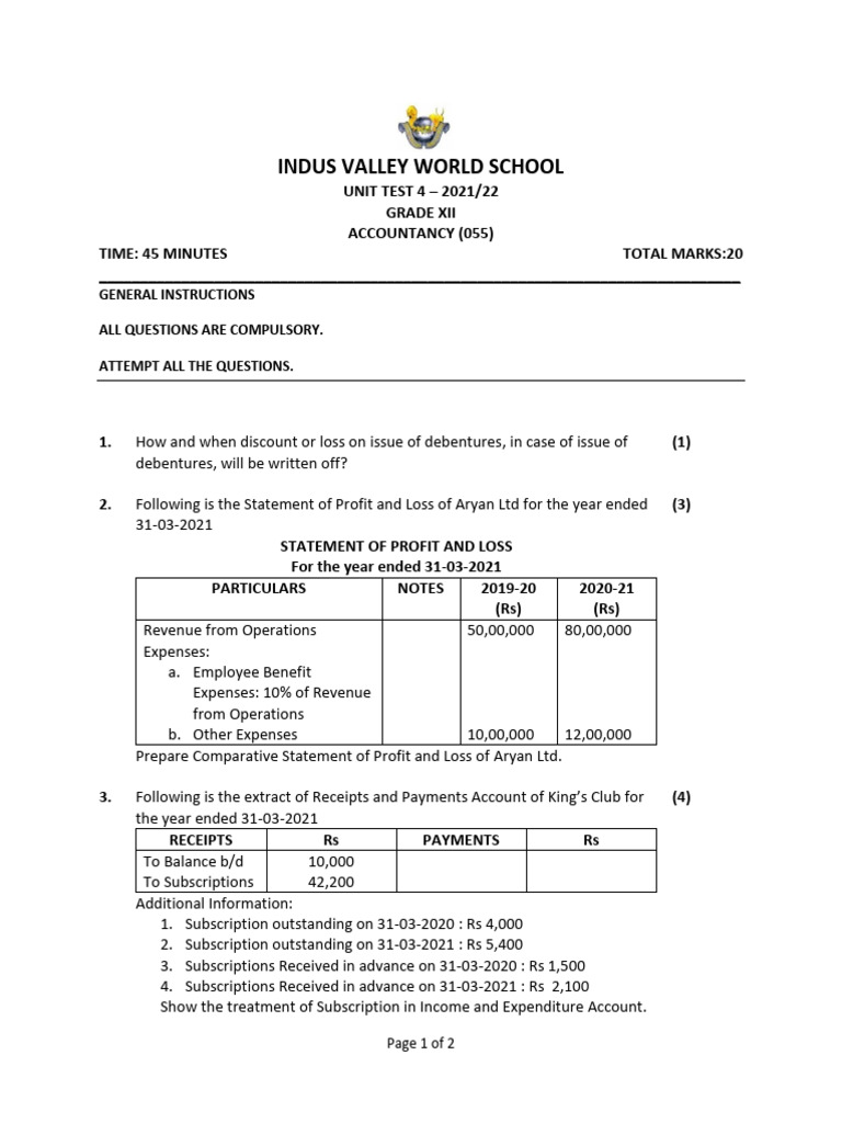 12 ACC UNIT TEST 4 | PDF | Expense | Income Statement