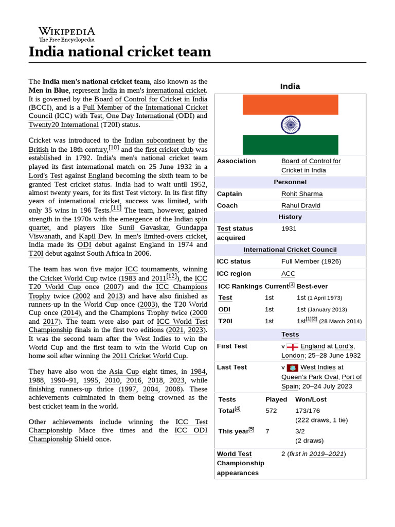 India National Cricket Team Overview | PDF | Cricket | Forms Of Cricket