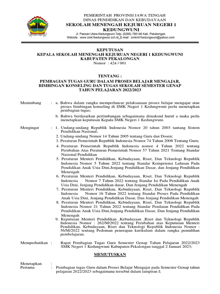 Pembagian Tugas Guru SMT Genap 2022-2023 | PDF