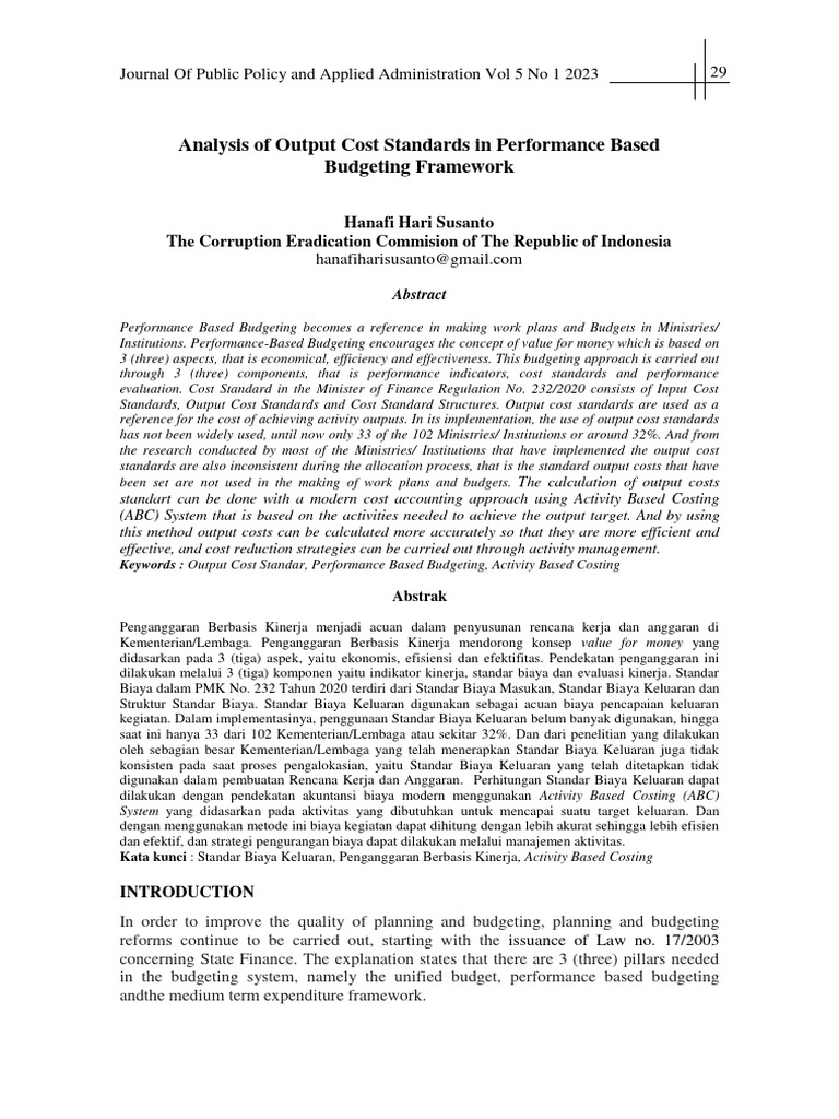 Analysis of Output Cost Standards in Performance Based Budgeting ...