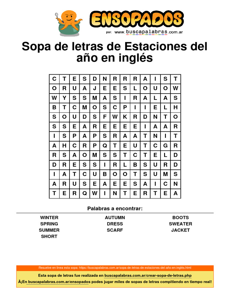 Sopa de letras: Estaciones del año en inglés | PDF | Estudios de ...