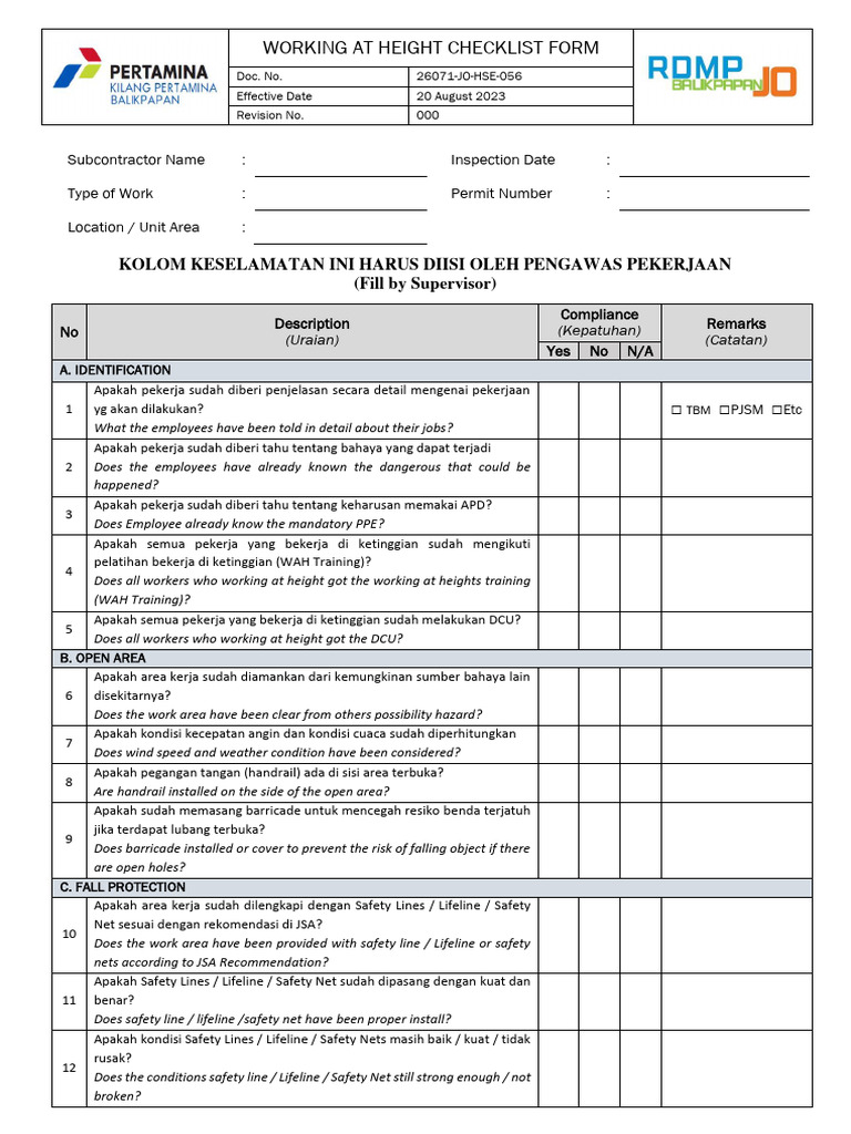 26071-JO-HSE-056 Working at Height Checklist Form | PDF | Labor ...