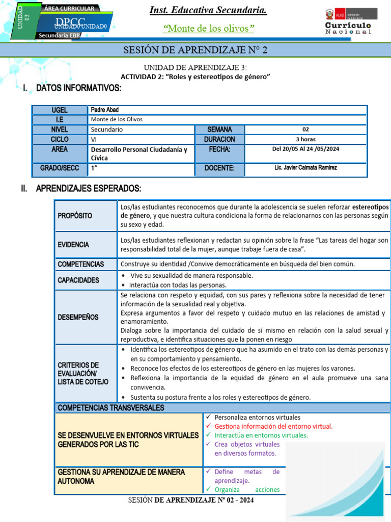 1º DPCC - Ses 2 Uni 3 - Sem 02 | PDF | Aprendizaje | Evaluación