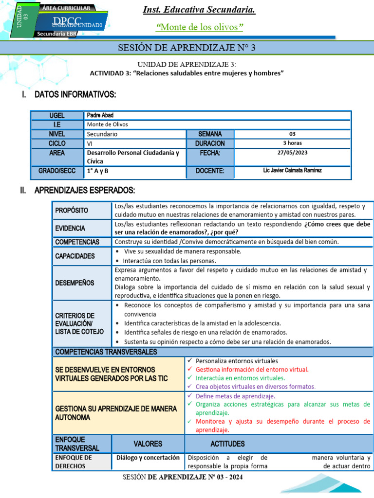 1º DPCC - Ses 3 Uni 3 - Sem 03 | PDF | Aprendizaje | Maestros