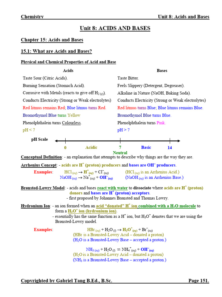 Chapter 15 Acids and Bases Notes (Answers) | PDF | Acid | Ph