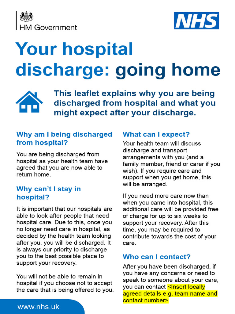 Your Hospital Discharge Going Home Leaflet | PDF