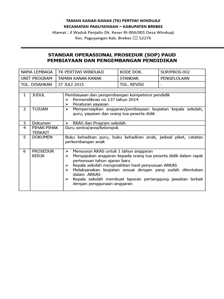 2 Sop Paud Penyambutan Kedatangan Anak | PDF | Kesehatan Holistik