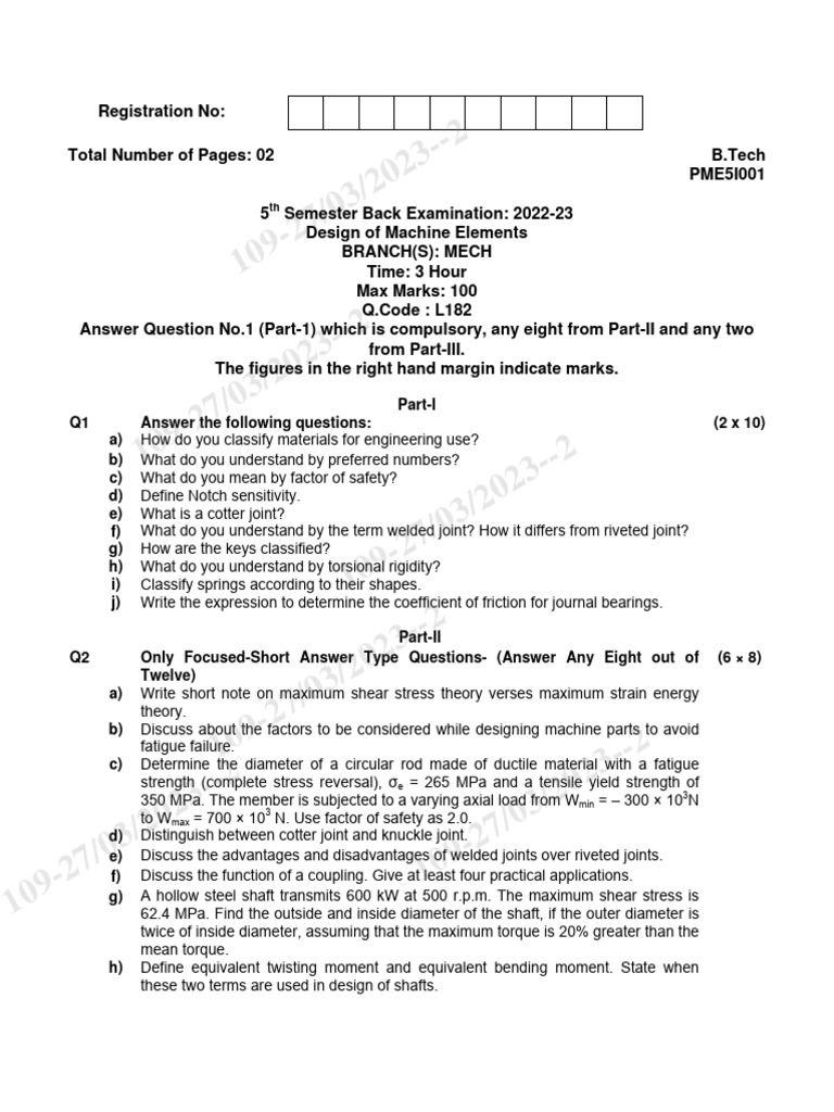 Design of Machine Elements 5th 2022 2023 Btech | PDF | Strength Of ...