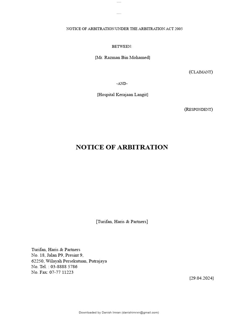 Sample Notice of Arbitration | PDF | Negligence | Surgery