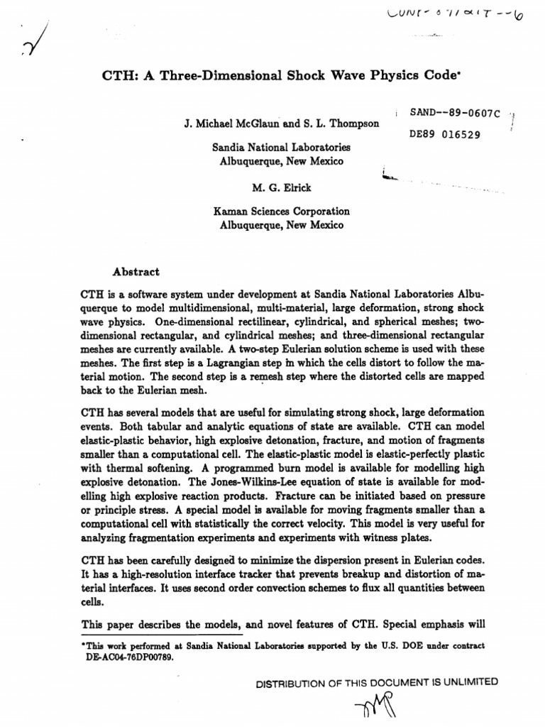 CTH: 3D Shock Wave Physics Code | PDF | Stress (Mechanics) | Momentum
