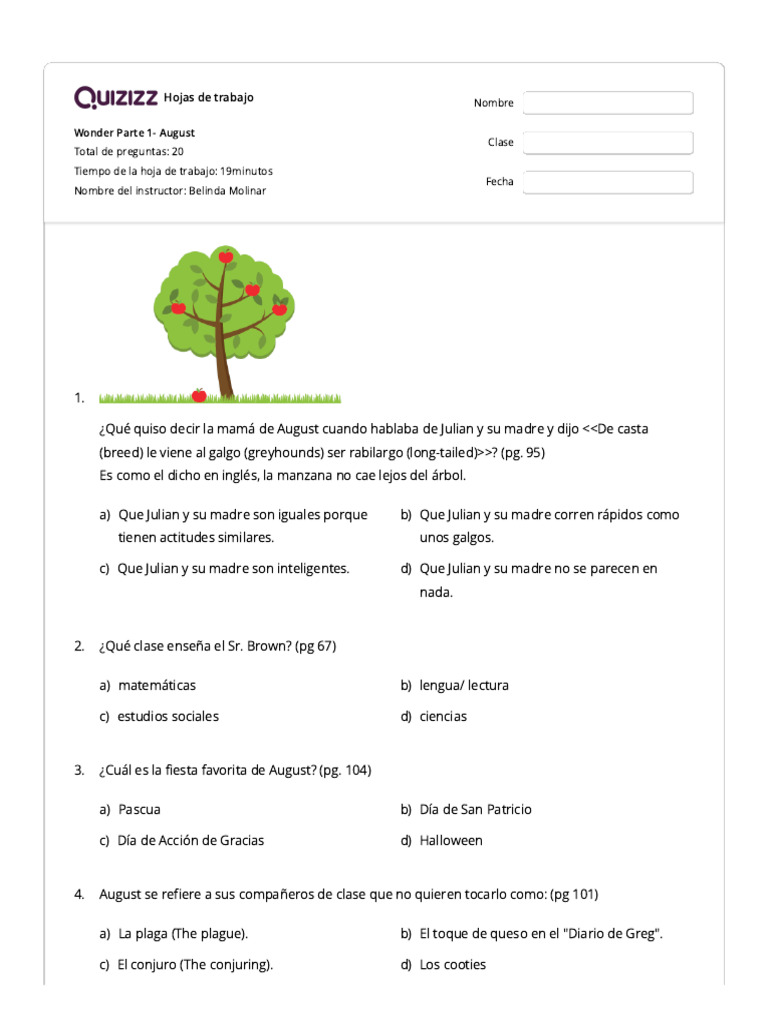 Wonder Parte 1 - August - Quizizz | PDF